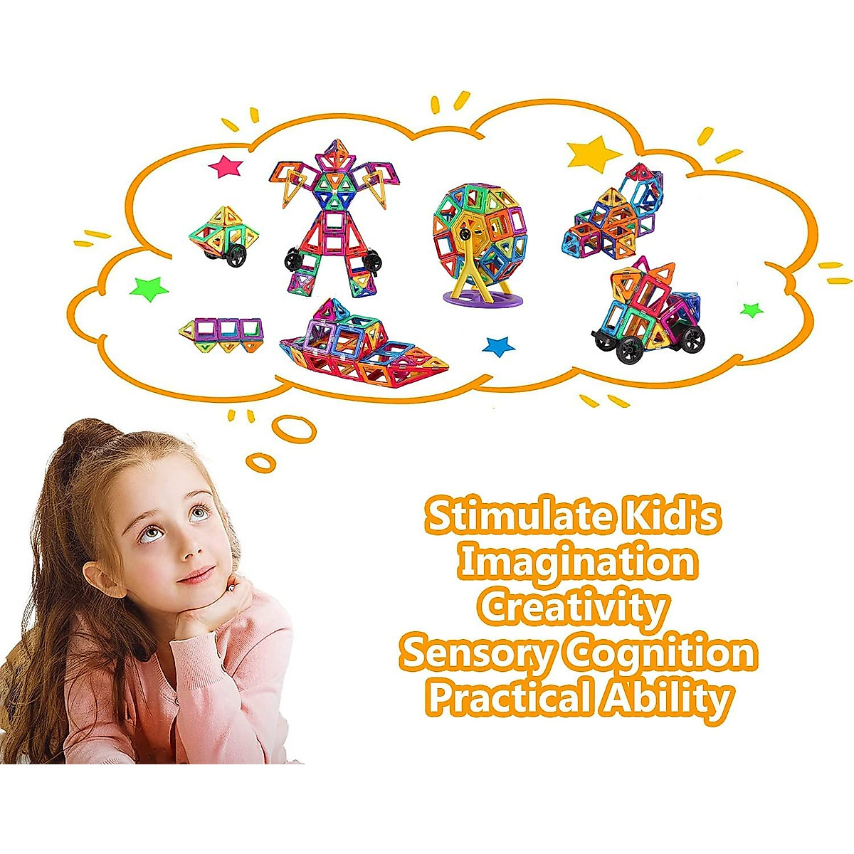 YUHYtop Large Magnetic Tiles, Upgrade 85pcs Magnetic Building Block, Strong Magnet, Magnetic Tiles for Boys & Girls Ferris Wheel Rocket Castle Building for Boys Girls Kids Toddlers