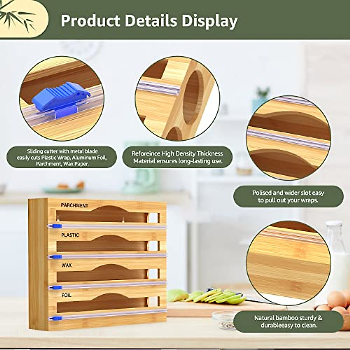 4 in 1 Foil and Plastic Wrap Organizer, WEIFA Wrap Dispenser with Cutter for Drawer and Kitchen Storage, Holder for 12" Roll Plastic Wrap, Aluminum Foil, Wax, Parchment.