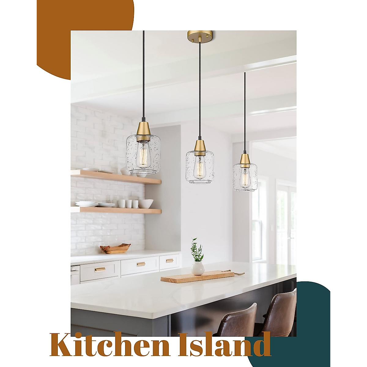 FOITTON Gold Pendant Light, Industrial Hanging Light Fixtures with Seeded Glass Shade, Adjustable Height, Farmhouse Pendant Lighting for Kitchen Island Dining Room-2 Pack