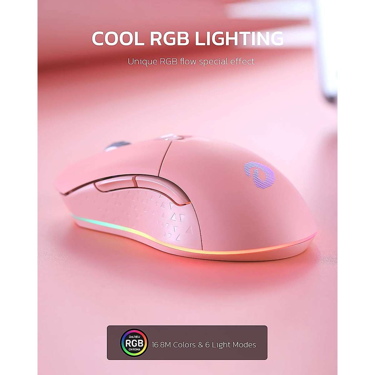 DAREU Pink Wireless Wired Gaming Mouse Dual-Mode Rechargeable 7 Programmable Buttons,10K DPI,RGB and 7 Adjustable DPI Levels up to [150IPS] [1000Hz Polling Rate] for PC Notebook Mac