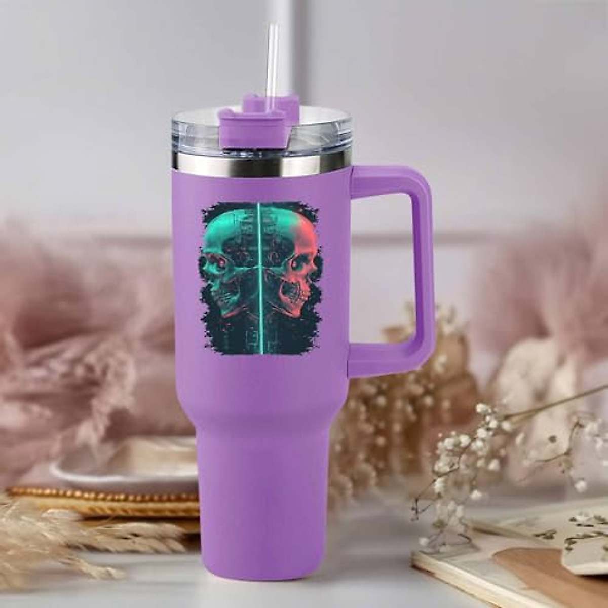 LB LEOBON 40 ounce insulated cup with handle, double-layer vacuum stainless steel material, equipped with straw, can keep warm or maintain cold drinks Neone Poppe Skeletons 2 Deep purple