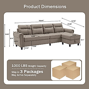 Jarenie 107" Convertible Sectional Sofa, 4-Seat L Shaped Couch with Storage Chaise and Side Pocket, Modern Linen Fabric Sectional Couches for Living Room, Beige