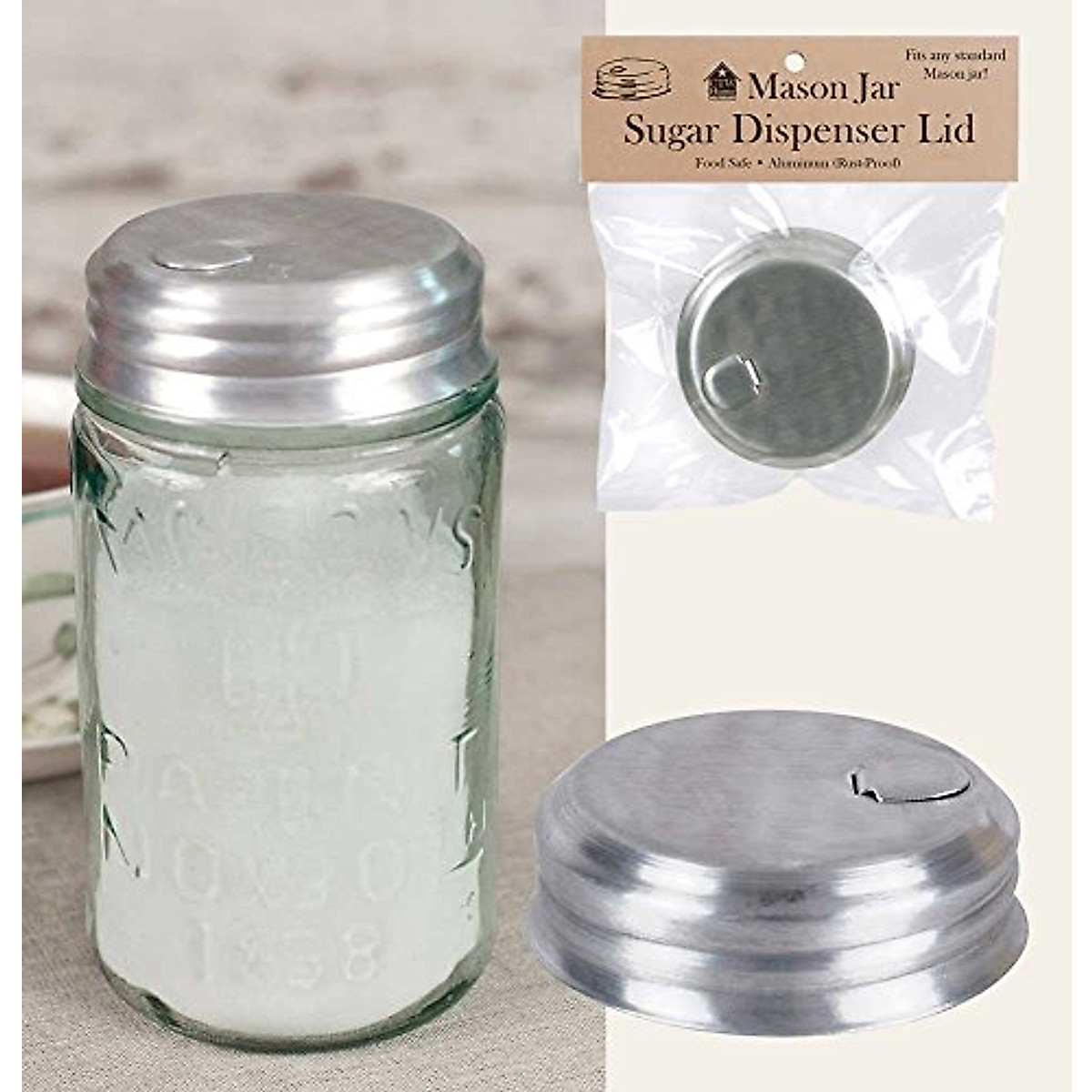 SIMPLY HOMEADE Mason Jar Sugar/Salt/Spice Dispenser Lid Kitchen Supplies, 2 3/4" diameter 1 1/4" tall, Silver