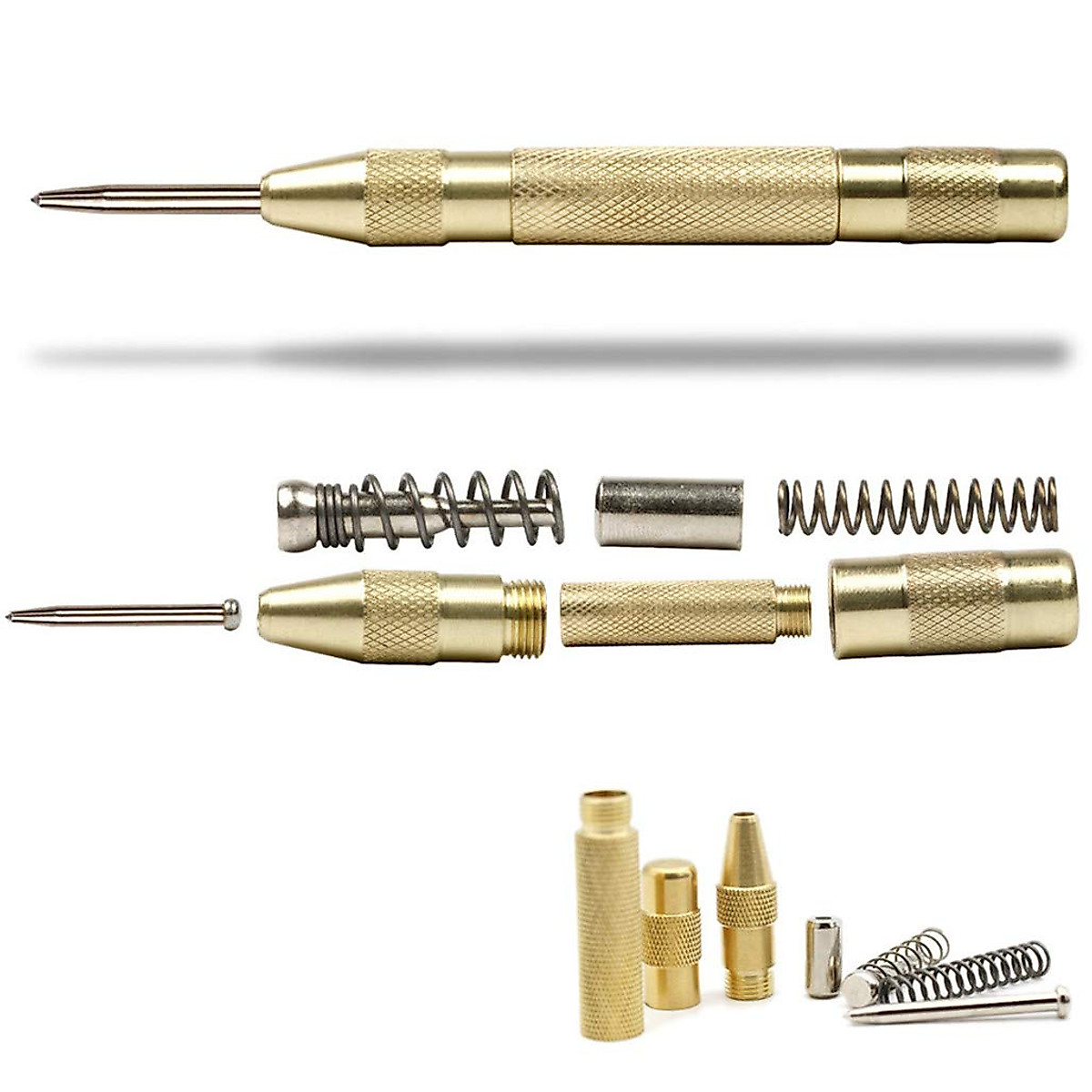 PAMISO 2 Pack Automatic Center Punch, Pamiso 5.1 Inch Spring Loaded Drill Punch Tool,Brass Window Spring Punch Tool, Fixed Point & Car Window Glasses Break