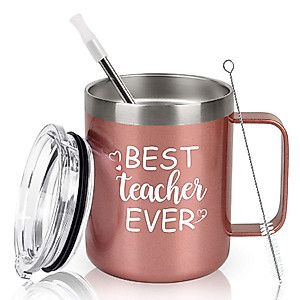 Qtencas Teacher Gifts, Best Teacher Ever Coffee Mug, Thank You Appreciation Gifts for Teachers Women on Birthday Christmas, 12 Oz Stainless Steel Travel Mug, Rose Gold
