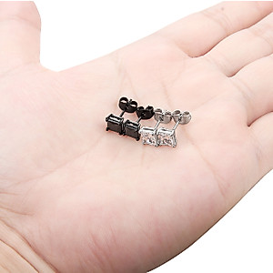 ORAZIO Black Silver Earrings for Men,Stainless Steel Cubic Zirconia Earrings 20G Mens Earrings Hypoallergenic CZ Earrings Studs Trendy Square Earring Studs Set 4-8MM,CZ 5MM