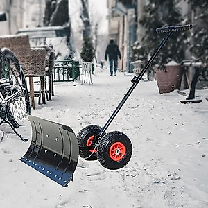 Fonowx Wheeled Snow Pusher, Rolling Removal Tool Outdoor Snow Pushing Heavy Duty Winter Snow Pusher Snow Plow for Pavement, Deck Sidewalk Car, Wheels 74x35cm