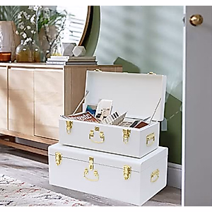 Vixdonos Decorative Metal Box Storage Trunks Set of 2 College Dorm Chest with Lock Hole,23.7X14.2X9.5 Inches(White)