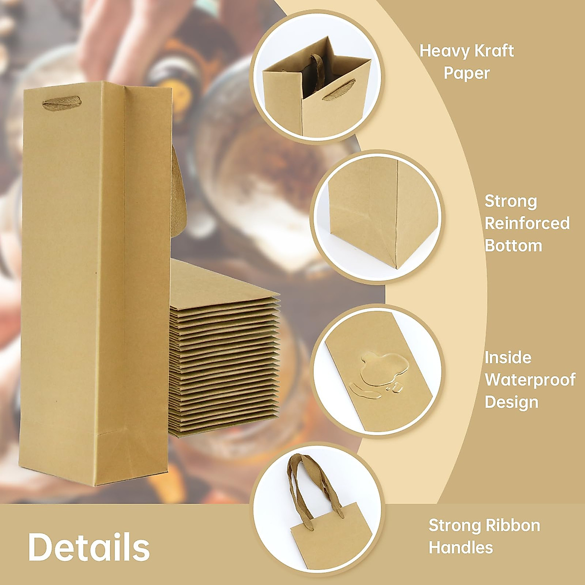 CZWESTC 20 Pack Kraft Paper Wine Bags with Handles Brown Wine Bottle Bags BulkWine Gift Bags Shopping Bags Party Bags Retails Bags Whiskey Champagne Bottles Bags-3.5×4.3×13.8 in