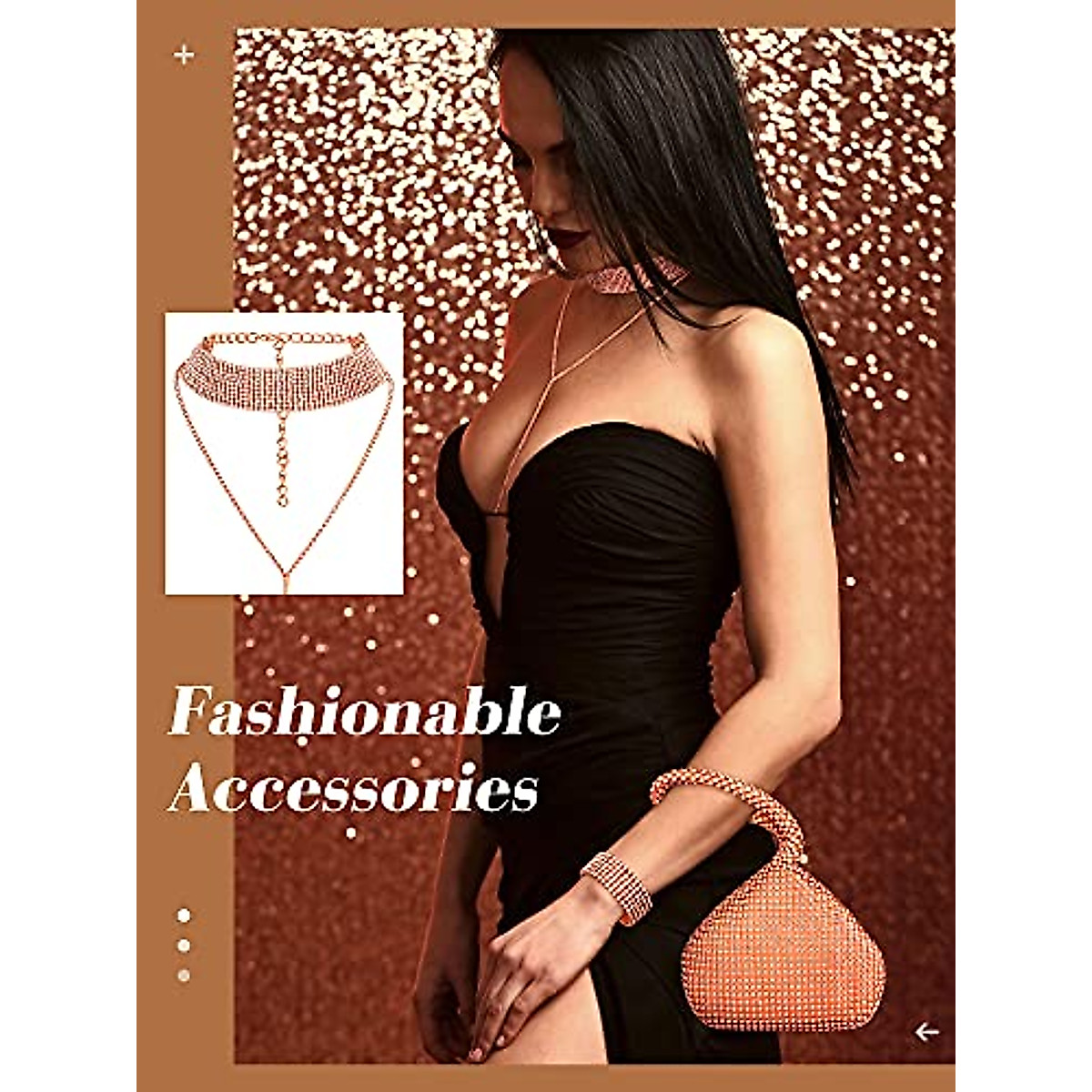 Quelay 4 Pieces Women Crystal Jewelry Set Rhinestone Tassel Necklace Stretch Bangle Bracelet Crystal Dangle Fringe Earrings and Rhinestone Handbag for Wedding Party (Medium, Rose Gold)