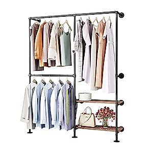 IronJiaZu Industrial Pipe Clothes Racks with Black Shelves, Industrial Pipe Black Clothing Rack with Double Hanging Rods, Heavy Duty Wall Mounted Clothing Rack Rod for Closet Storage, Bedroom