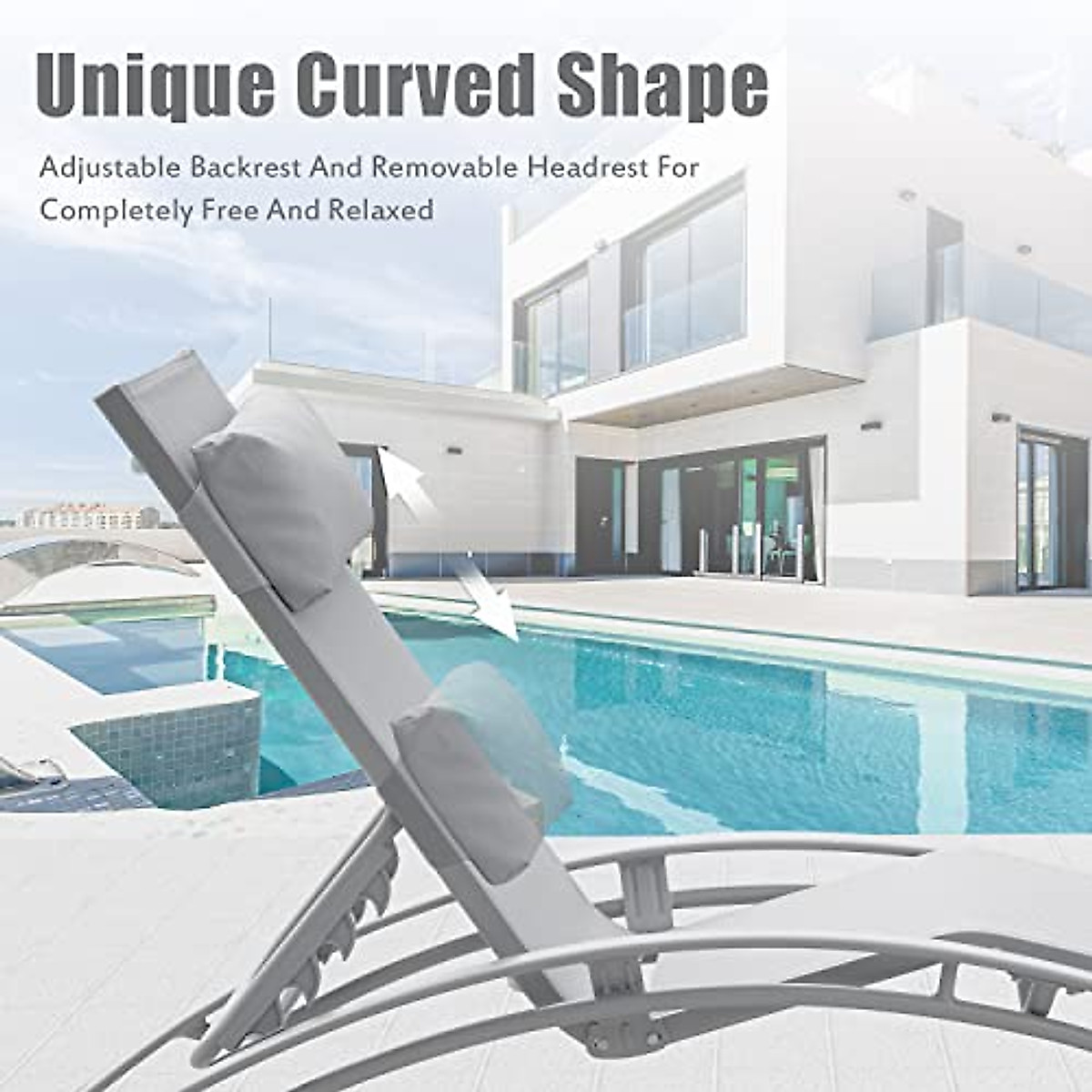 Domi Outdoor Chaise Lounge Set of 2 Patio Recliner Chairs with Adjustable Backrest and Removable Pillow for Indoor&Outdoor Beach Pool Sunbathing Lawn Gray