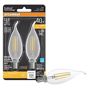 LEDVANCE SYLVANIA LED TruWave Natural Series Décor Light Bulb, B10 Chandelier 40W Equivalent, Efficient 4W, Candelabra Base, Dimmable, 350 Lumens, 2700K, Clear, Soft White - 2 Pack (40755)