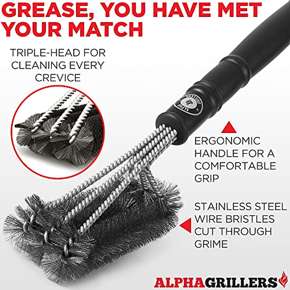 Alpha Grillers BBQ Grill Brush - Wire Grill Brush & BBQ Brush for Grill Cleaning - Grill Brush for Outdoor Grill & Gas Grill Cleaner for All BBQ Types