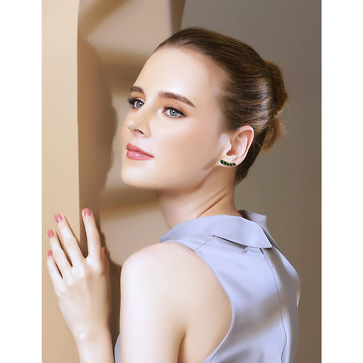 Green Earrings for Women Trendy Gold Flashed Sterling Silver Synthetic Quartz Teardrop Curved Climber Crawler Earring