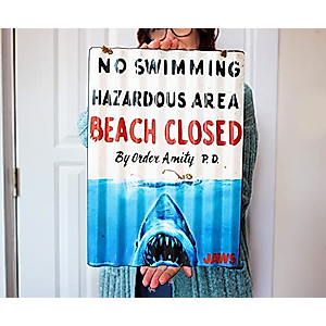 JAWS "Beach Closed" Corrugated Tin Sign Hanging Wall Art | Steven Spielberg Classic Movie Gifts and Collectibles | 12 x 16 Inches