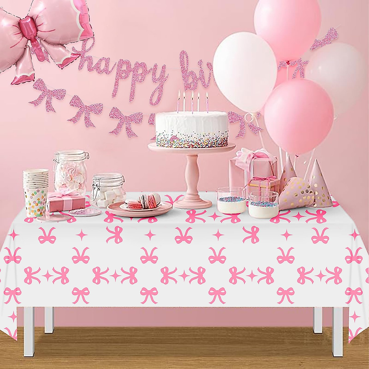 2 Pcs Pink Bow Table Cloth Rectangle Table Party Supplies Bow Theme Disposable Plastic Table Covers Waterproof Coquette Birthday Decorations for Women Girls Bridal Baby Shower Bachelorette Party Decor