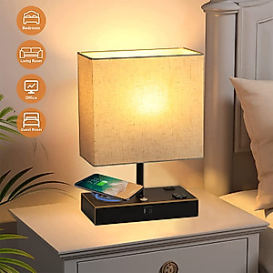 Kukobo Bedside Table Lamp with Wireless Charger, Touch Control Table Lamp for Bedroom Living Room, 3 Way Dimmable Nightstand Lamp with Type C + USB Port and 2 AC Outlets, 6W Blub Inclued(Black).
