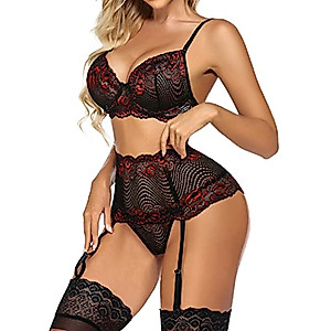 Avidlove Women Lingerie Set with Garter Belts Sexy Bra and Panty Underwire Push Up Lingerie Sets(Wine Red,L)