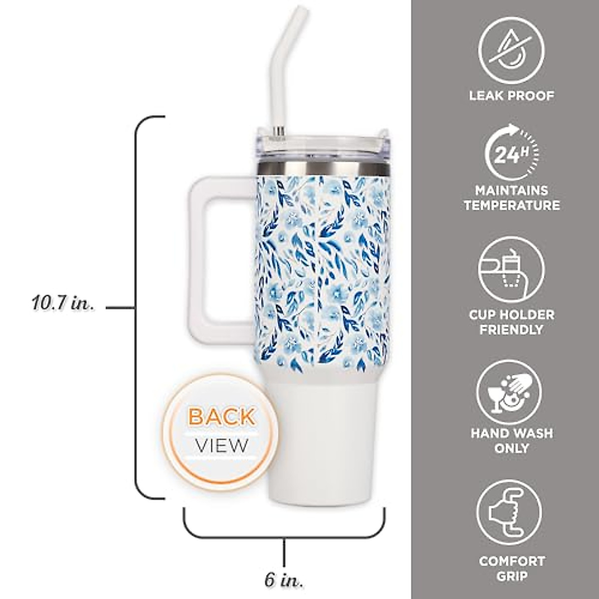 Christian Art Gifts Extra Large Double Wall Stainless Steel Insulated Travel Tumbler for Women: Trust in the Lord Uplifting Scripture, Twist Dial Lid, Reusable Straw & Tip, White & Blue Floral, 40 oz
