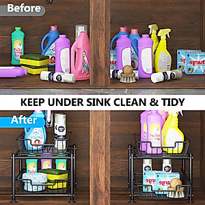 Under Sink Organzier, 1Easylife 2 Tier Sliding Cabinet Basket Under Sink Storage Pull Out Organizer Rack Black with Anti-slip Beads and Silicone Sucker Multi-purpose for Kitchen Bathroom