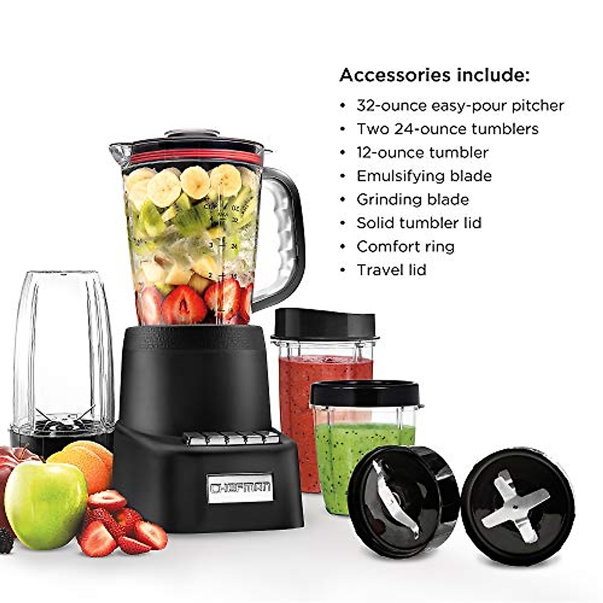 Chefman Countertop + Travel Dynamic Blending System, 12-Piece Set, 3 Programmed Speeds & Pulse, Easy Ice Crushing for Shakes & Smoothies, Dishwasher-Safe 32-Oz Pitcher, 12-Oz & 2 24-Oz Tumblers, Black