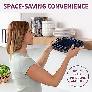 Casserole Dish Set - 3 Ceramic Baking Dishes for Oven with Silicone Oven Mitt - Rectangular Bakeware is Microwave, Freezer and Dishwasher Safe - Cooks Evenly and Saves Space with Nesting Design