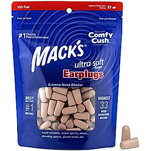 Mack's Ultra Soft Foam Earplugs, 100 Pair Bag - 33dB Highest NRR, Comfortable Ear Plugs for Sleeping, Snoring, Travel, Concerts, Studying and Loud Noise | Made in USA
