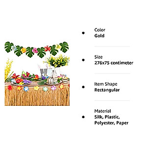 Sharlity Luau Gold Table Skirts for Hawaiian Party Decorations, Luau Party Supplies with 9ft Tropical Raffia Grass Table Skirt, Tiki Palm Leaves and Hibiscus Flowers (1 Pack)