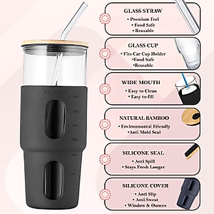 32oz Glass Tumbler with Straw & Bamboo Lid with Silicone Sleeve, Reusable Boba Smoothie Cup Iced Coffee Tumbler, Fits Cup Holder, Glass Water Bottle, BPA Free, Beer Mug & Stein Black