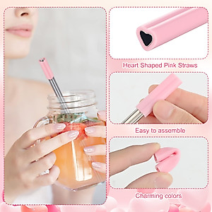 Jutom 8 Pack Heart Shaped Stainless Steel Straws with Silicone Tips Reusable Heart Straws Cute Straws with 2 Cleaning Brushes for Hot Cold Drinks Valentine's Day Bridal Shower Wedding (Pink)