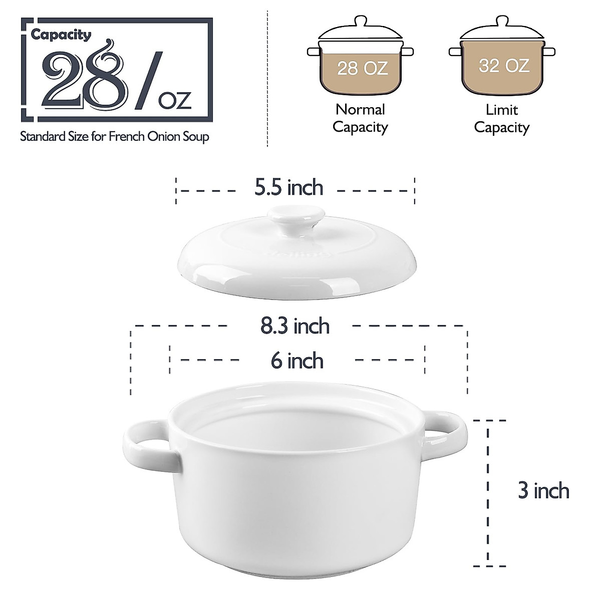 DELLING 28 Oz Soup Bowls with Handles and Lids, Large French Onion Soup Bowls, Ceramic Soup Crocks for French Onion, Oven Safe Bowls for Chili, Beef Stew, Cereal, Pot Pies, Bowls Set of 4, White