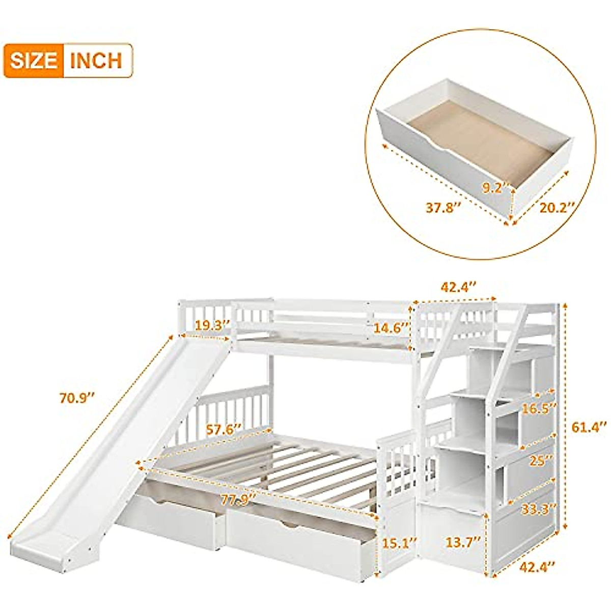 ATH-S Twin Over Full Bunk Bed with Slide, Twin Over Full Bunk Bed with Storage Drawers and Stairscase, Wood Bunk Bed Frame with Guardrails for Kids Boys Girls Teens Adults, No Box Spring Needed, White