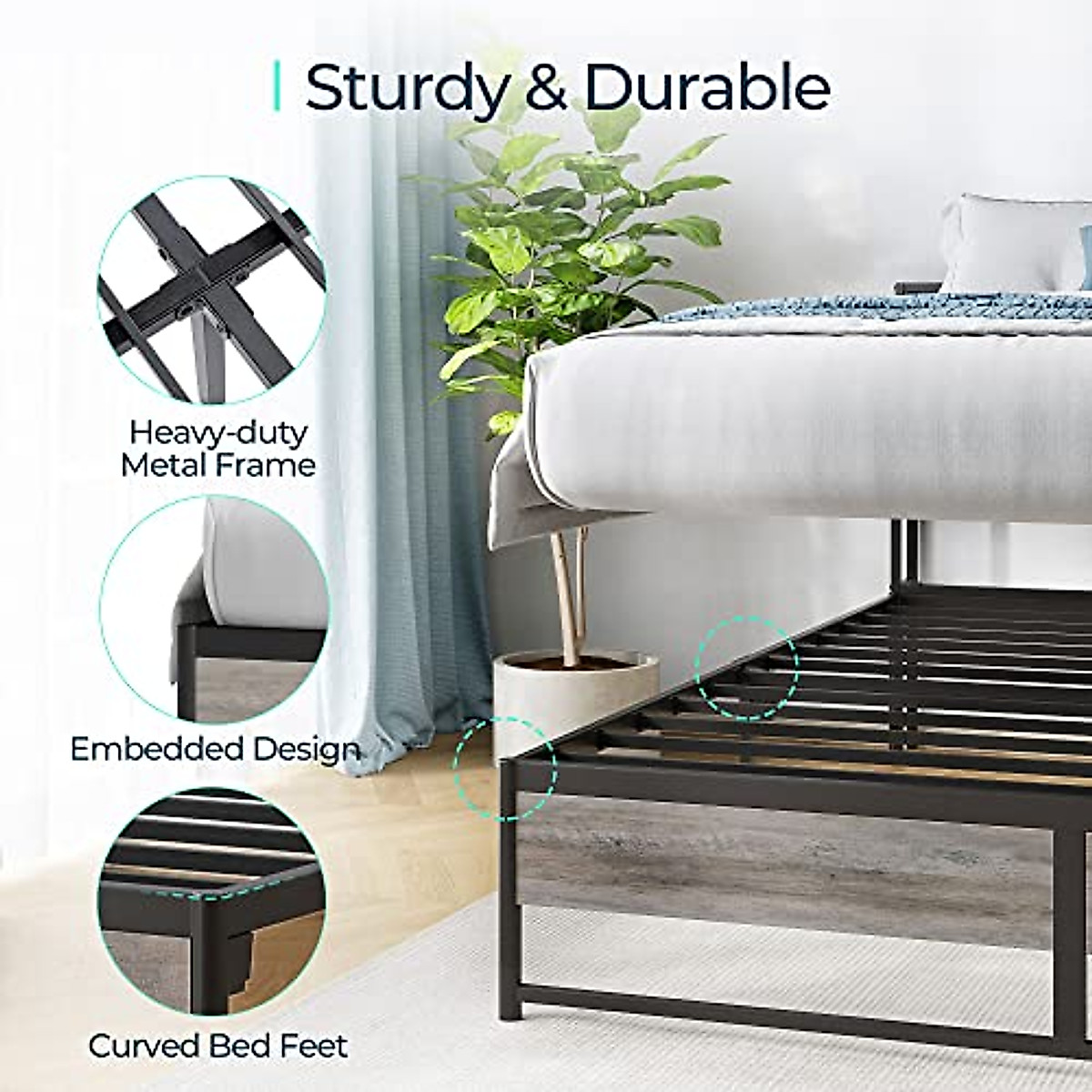 LINSY LIVING Queen Bed Frame with Headboard, Platform Metal Bed Frame with Lights, Outlets & Charger, 45 Minutes Fast Assembly Bed Queen Size with Storage, No Box Spring Needed, Greige