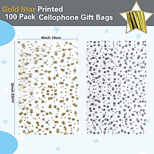 COQOFA 100 Pcs Star Printed 4"X 9" Gift Wrap Cello Cellophane Treat Bags Party Favor bags Clear Candy Cookie Bags Plastic Poly Goodie Storage Bags with Twist Ties for Bakery,Birthday, Wedding ,Party Decorations (Gold)