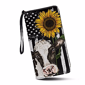 Wideasale Long Clutch Wallets Sunflower Cow Women Wristlet Purse Portable Handbag Purses Travel Party Shopping Outdoor Modern Phone Holder Pockets
