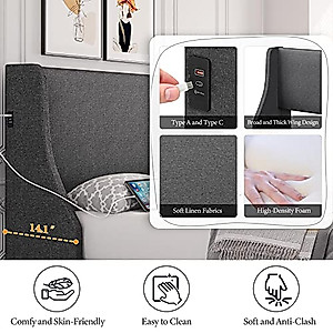 Yaheetech Queen Size Upholstered Bed Frame with 2 USB Charging Stations/Port for Type A & Type C/Linen Fabric Curved Headboard, Mattress Foundation, Strong Wooden Slats Support, Dark Grey
