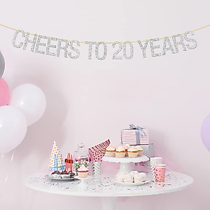 Cheers to 20 Years Banner - Happy 20th Birthday Party Bunting Sign - 20th Wedding Anniversary Decorations Supplies - Silver
