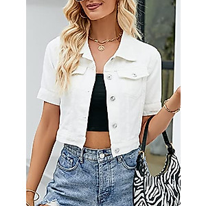 Ladyful Womens Cropped Denim Jacket Short Sleeve Button Down Casual Distressed Jean Jacket Outerwear