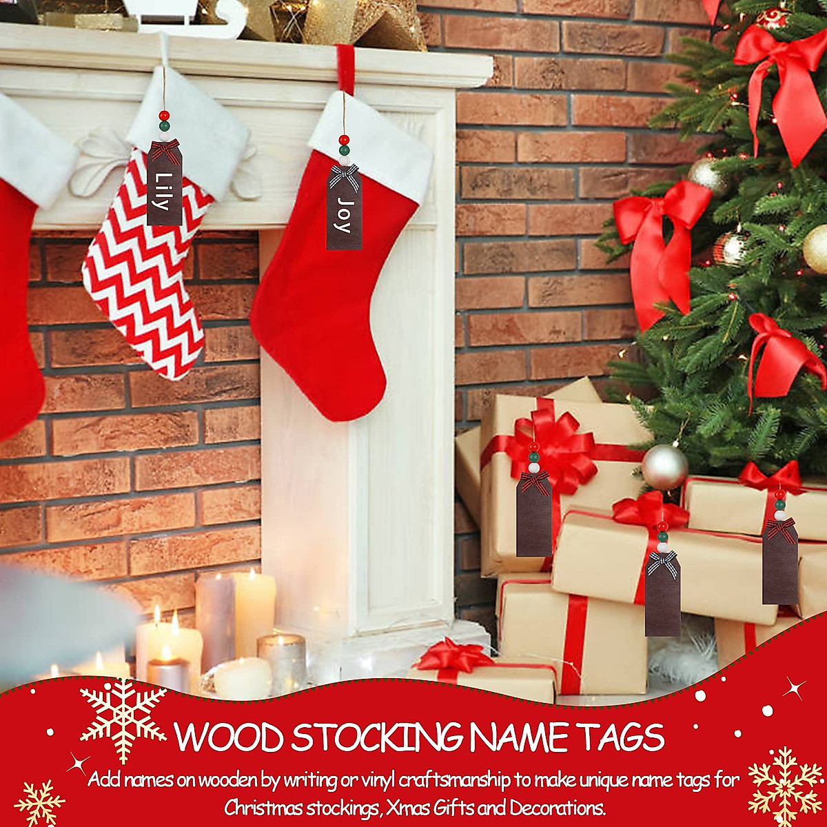 DIYASY Christmas Stocking Name Tags, 12 Pack Personalized Wooden Haning Tags Farmhouse Stocking Sign Unfinished Blank Chalkboard Tags with Wood Beads, Bows, Hemp Rope & Needle