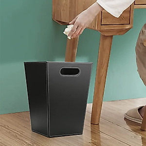 KINGFOM Classic Pu Leather Trash Can Wastebasket, Garbage Container Bin with Handles for Bathrooms, Powder Rooms, Kitchens, Home, Office and and High Class Hotel Square Black