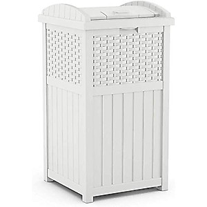 Suncast Wicker Resin Outdoor Hideaway Trash Can Bin with Latching Lid for Use in Backyard, Deck, or Patio, White (2 Pack)