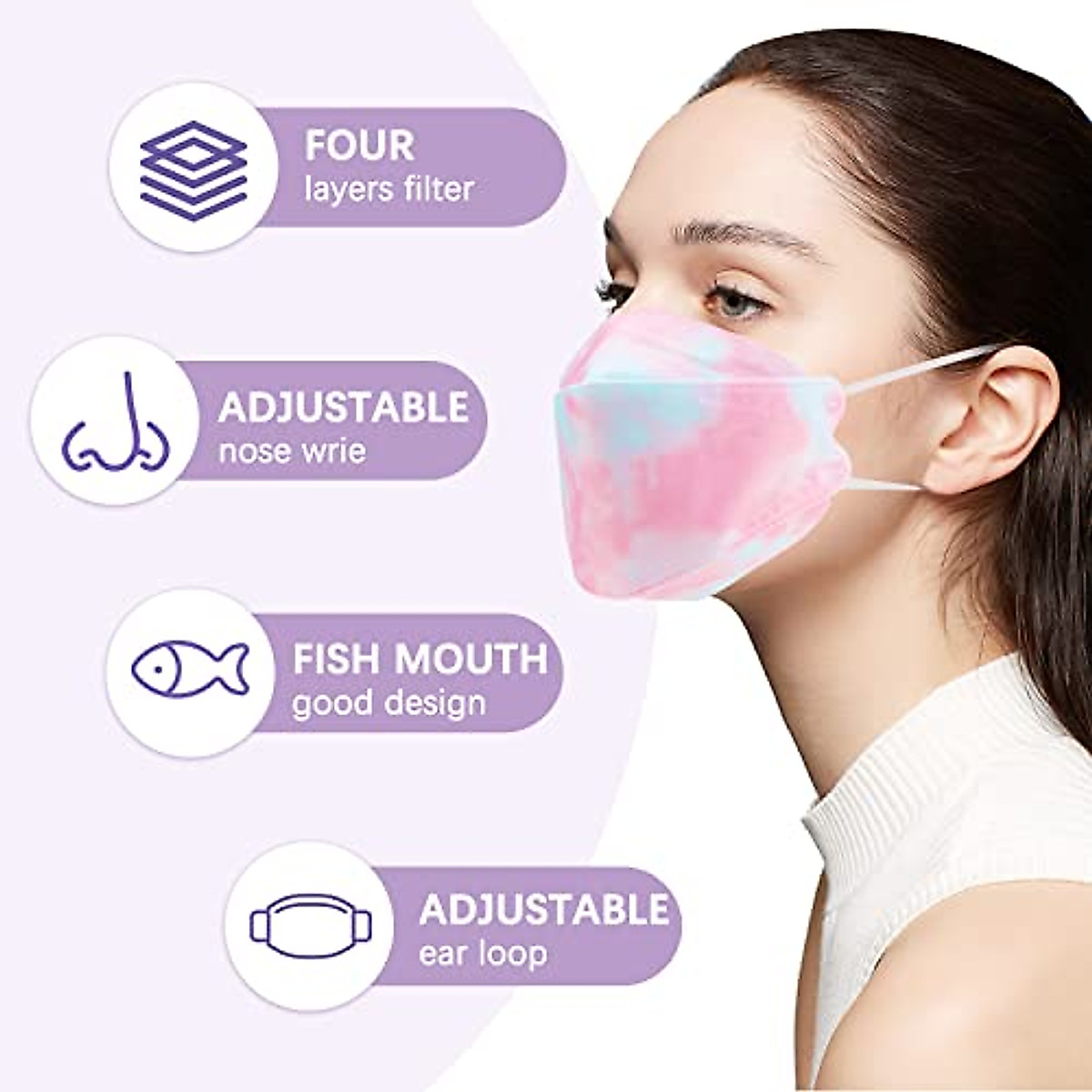 KF94 Mask 60 PCS Individually Wrapped Face Mask 4 Ply Protection 3D Fish Type KF94 Masks for Adults (Tie dye)