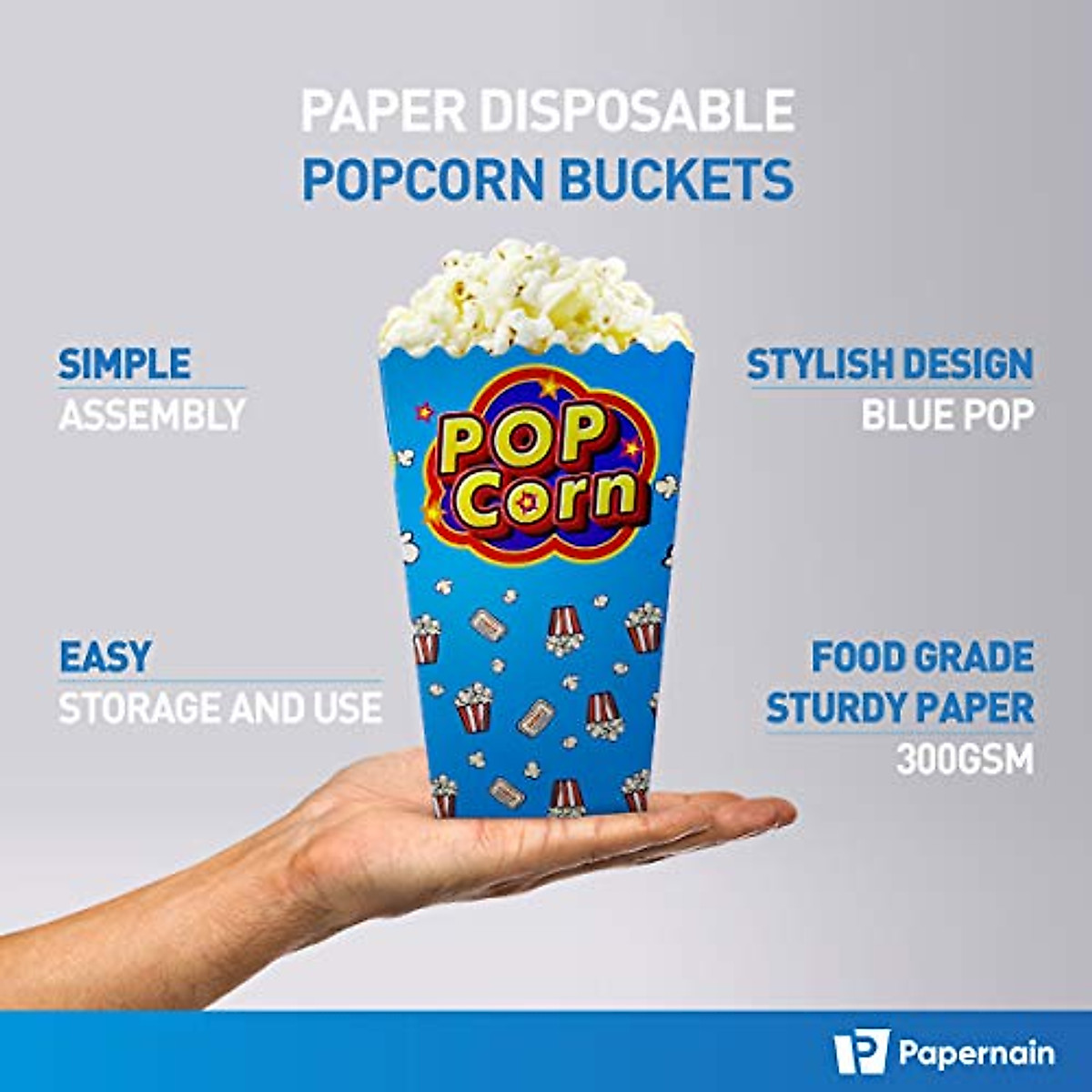 [46 oz, 50-Count, Blue Pop] Papernain Paper Popcorn Boxes, Disposable Buckets