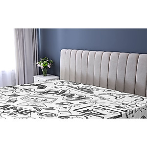 Ambesonne Video Games Fitted Sheet, Monochrome Sketch Style Gaming Design Racing Monitor Device Gadget Teen 90's, Bed Cover with All-Round Elastic Deep Pocket for Comfort, Queen Size, White Black