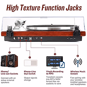 Turntable Record Player Bluetooth Built-in Phono Pre-amp 2-Speed Belt-Driven with Adjustable Counterweight Magnetic Cartridge Vinyl Recording via PC Turntables for Vinyl Records