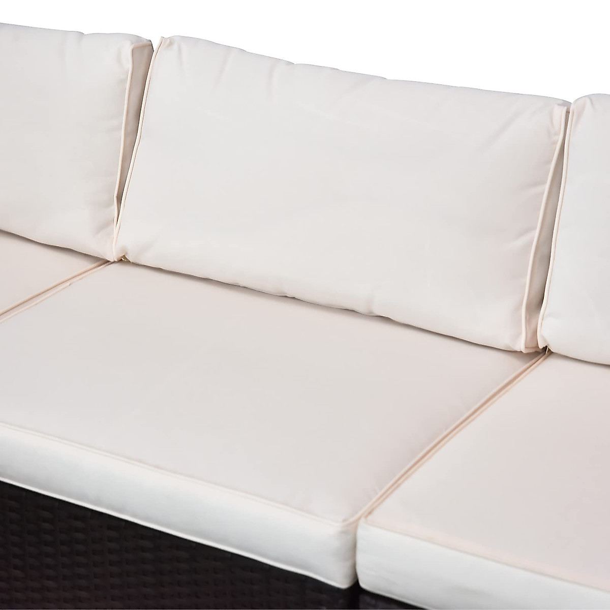 Outsunny 5-Piece Patio Furniture Set with Cushions, Outdoor PE Rattan Wicker Sofa Set, Sectional Furniture with Pillows, Glass Coffee Table for Garden, Backyard, Brown/Cream White