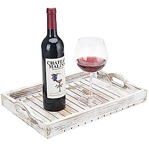 MyGift Shabby Chic Whitewashed Wood Breakfast Serving Tray with Cutout Handles
