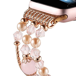 Suppeak Band Compatible with Apple Watch 38mm 40mm 41mm, Women Girl Elastic Handmade Pearl Bracelet Replacement for Series SE 7 6 5 4 3 2 1, Pink