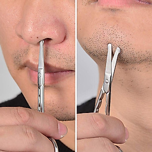 HANTEKAS Professional Stainless Steel Curved Rounded Facial Hair Scissors Tweezers Set For Men Moustache, Nose Hair, Beard Trimming Scissors,Safety Use for Eyebrows,Eyelashes,Ear Hair - PU Leather Bag